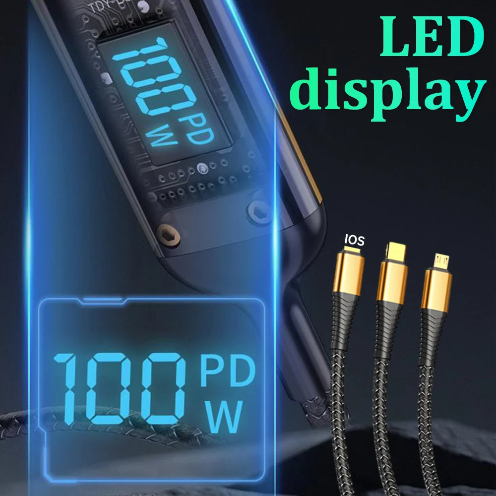 3 in 1 100W Digital Transparent Charging Cable Super Fast Charging 3 i ...