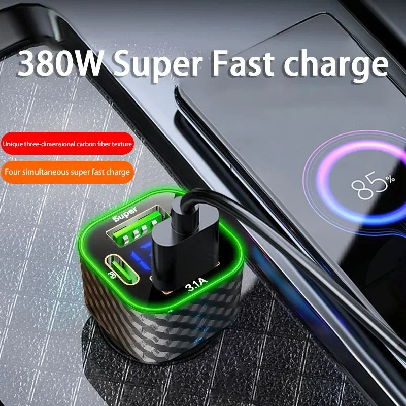 380W Car Charger Type C Dual PD 4-in-1 with Voltage Display Super Fast ...