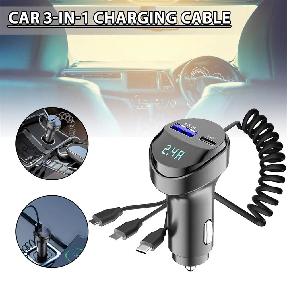 55W 2 Ports USB/Type-C Fast Car Charger with 3 IN 1 Retractable Chargi – usadino